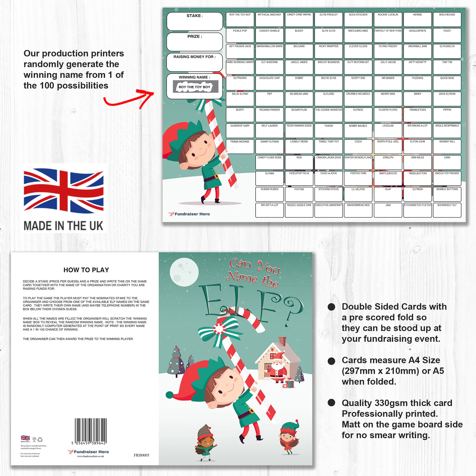 Name the Elf Fundraising Scratch Card. A4 Size - 100 Names - Double Si ...